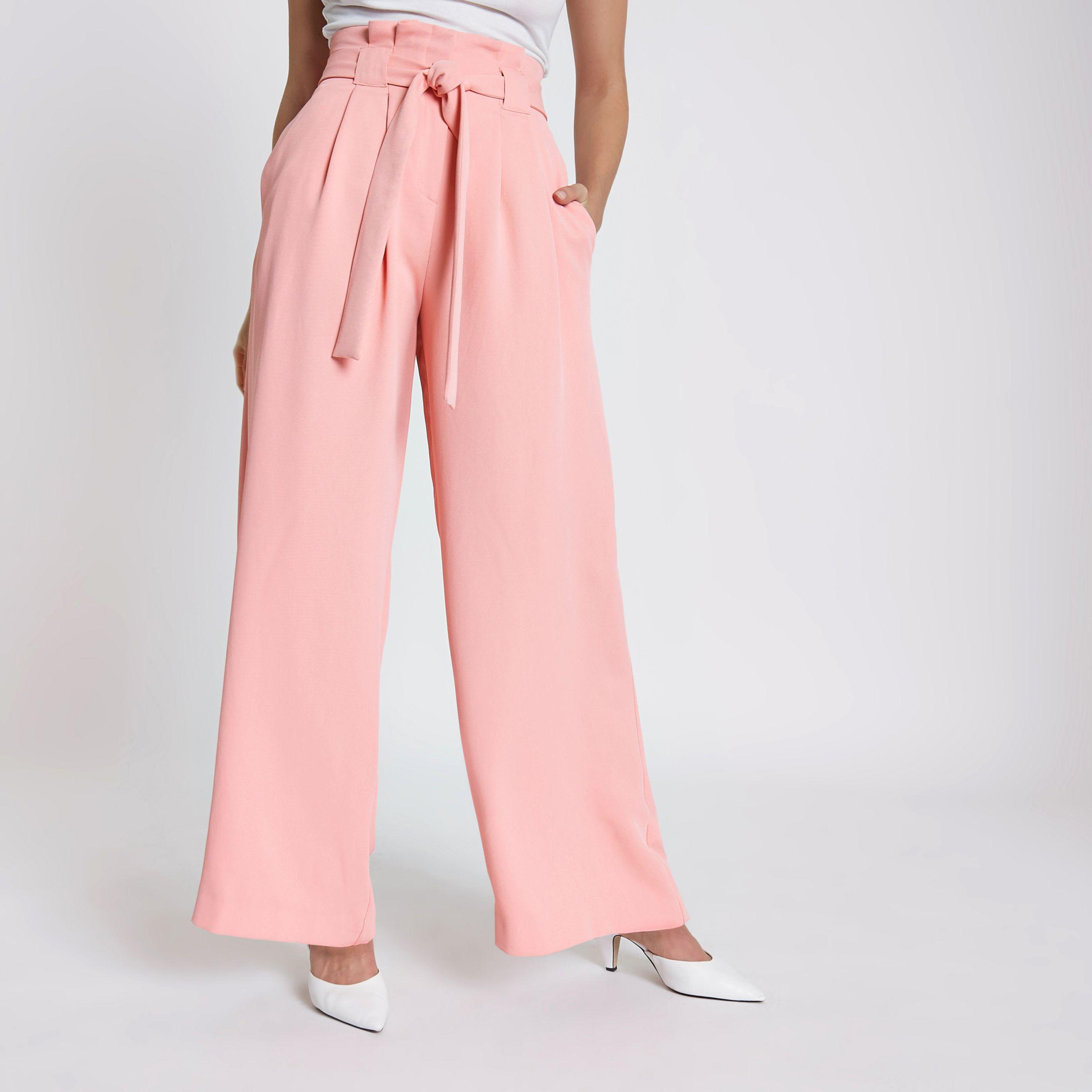 Lyst - River Island Paper Bag Waist Wide Leg Trousers in Pink