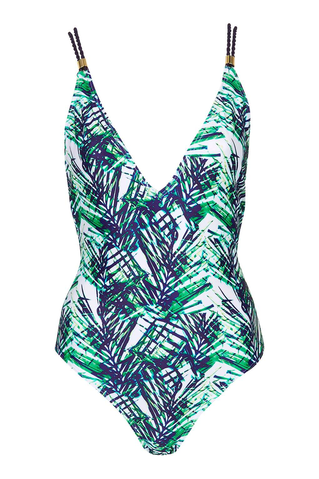 Jaded london Petite Palm Print Twist Strap Swimsuit in Blue | Lyst