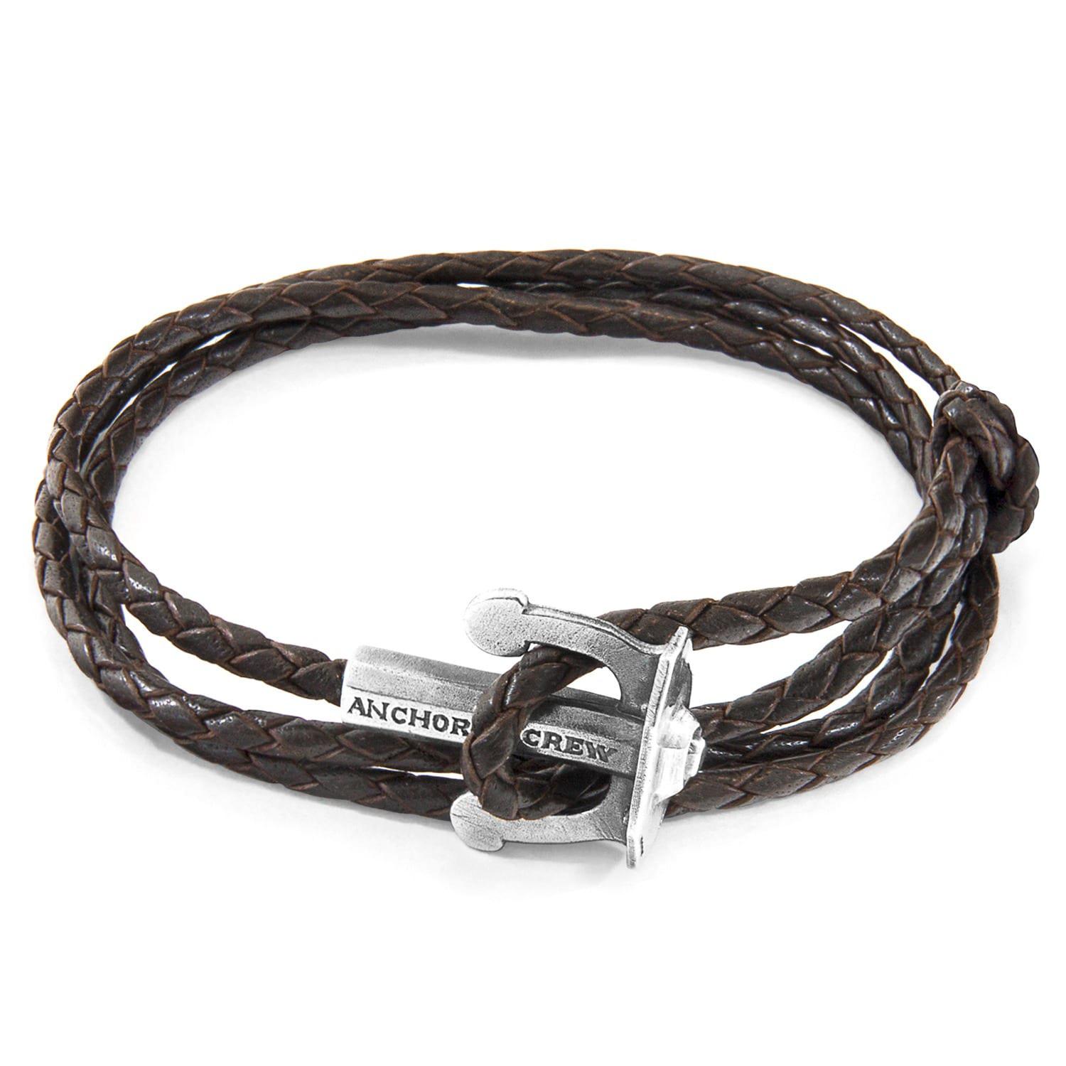 Anchor & Crew Dark Brown Union Anchor Silver & Braided Leather Bracelet ...